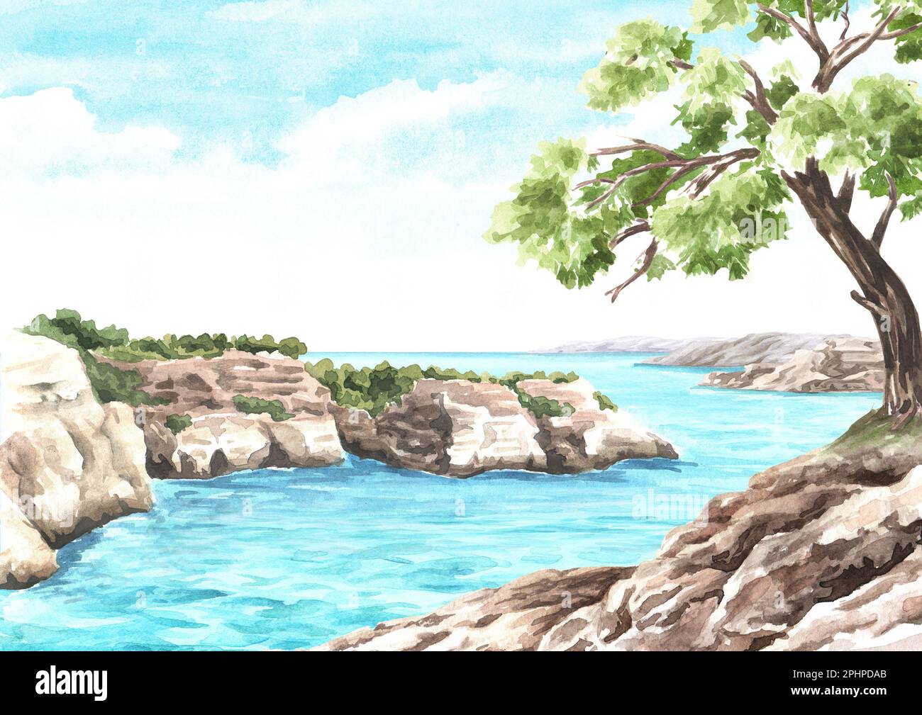 Sea cliff, Coastal rocks. Hand drawn watercolor illustration, and ...