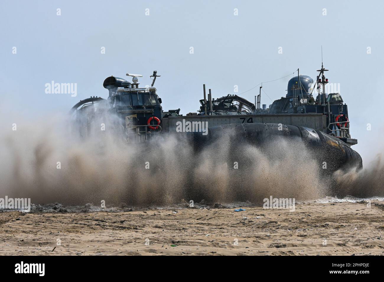 Pohang, South Korea. 29th Mar, 2023. A U.S. amphibious assault hovercraft storms the beach in a ...