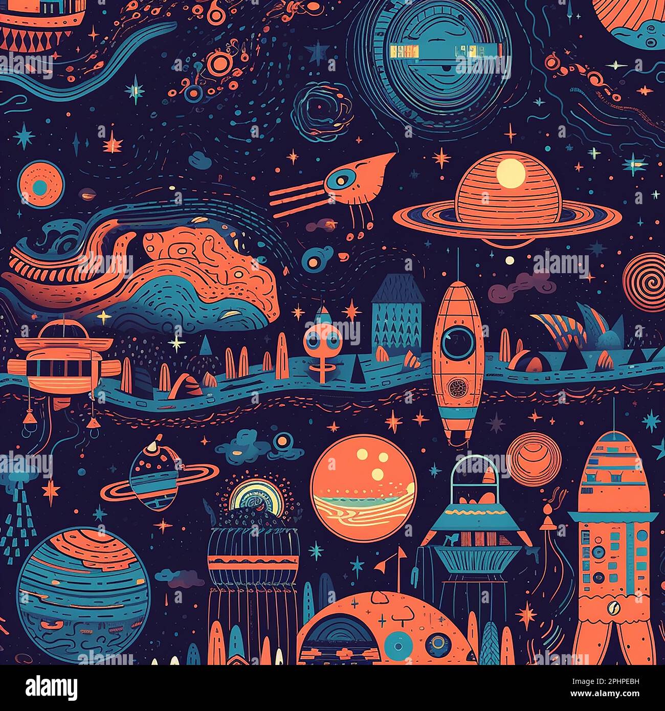 An illustration depicting a star-studded night sky with planets in an ...