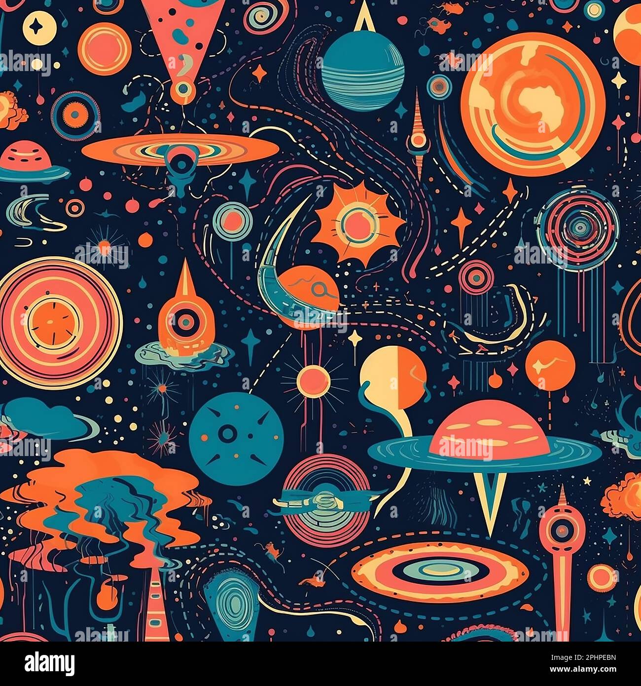 This image features a blue abstract pattern composed of planets ...
