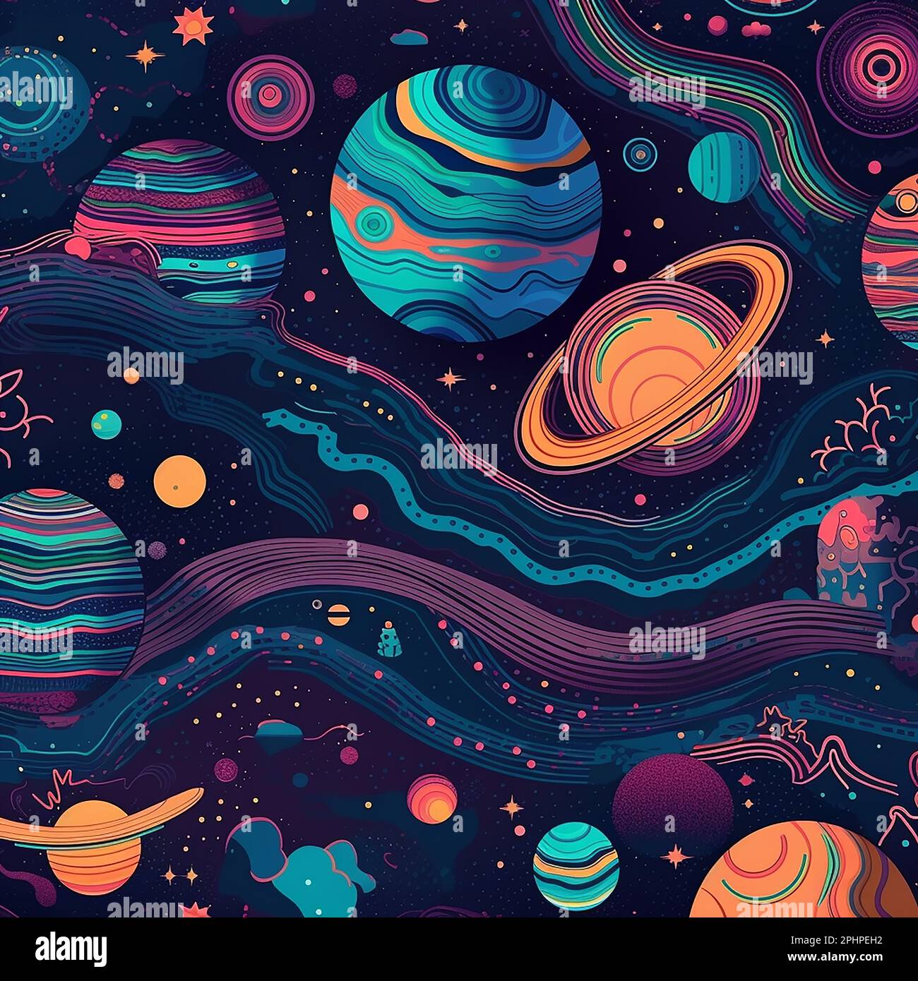 A celestial scene featuring a multitude of planets and stars set ...