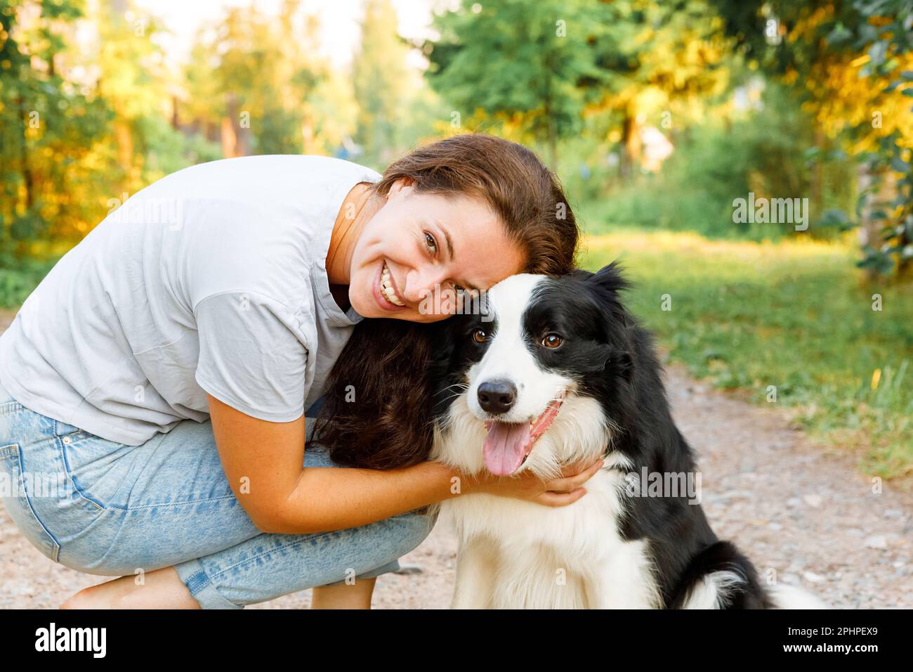 Young attractive woman playing with cute puppy dog border collie on ...