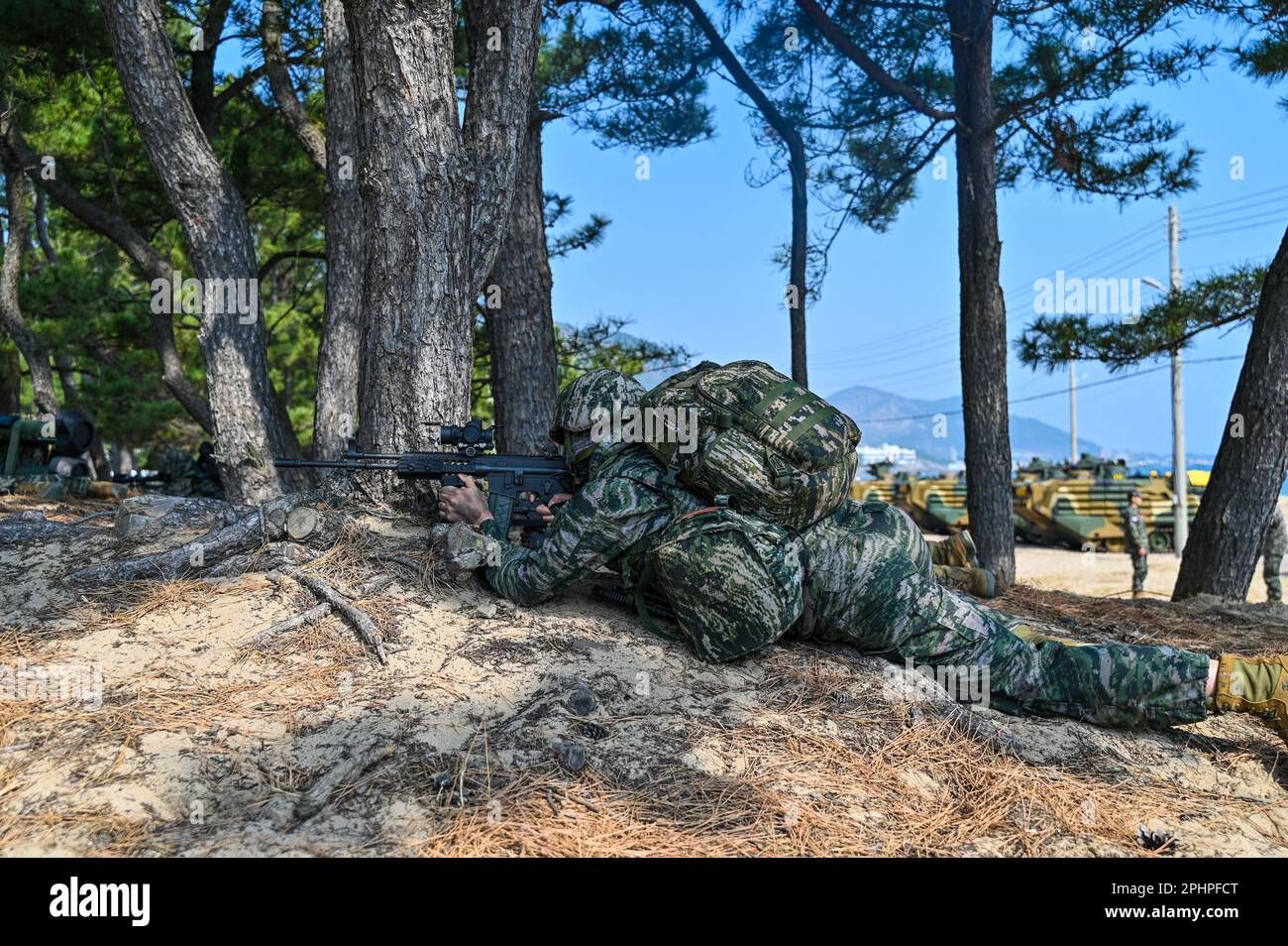 Pohang, South Korea. 29th Mar, 2023. A South Korean marine aims a ...