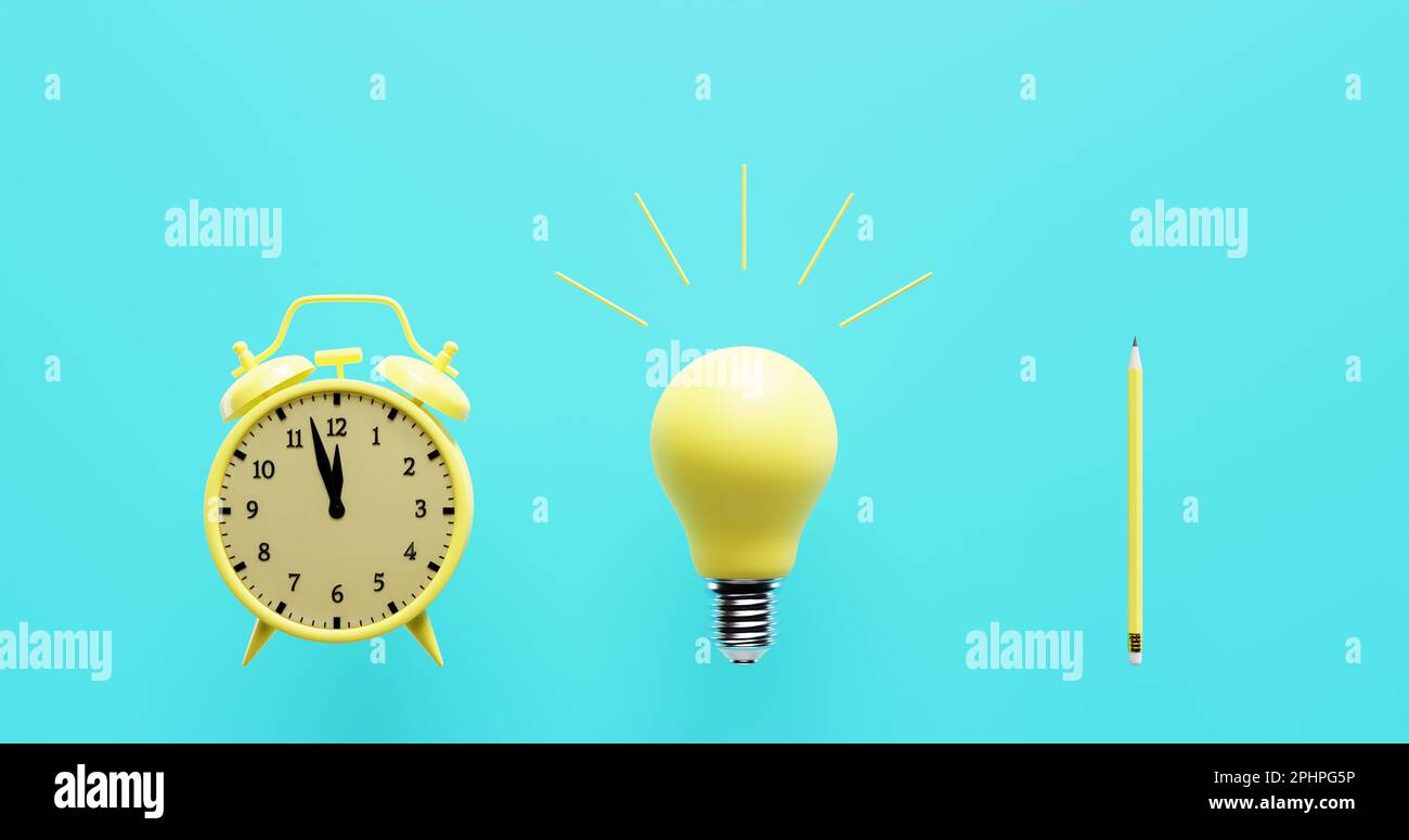 Light bulb alarm clock pencils. Ideas invention brainstorming.3d rendering Stock Photo - Alamy