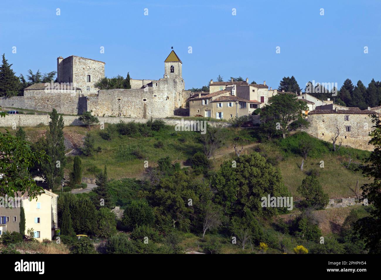 View of the village at the foot of Mont Ventoux, Albion plateau. Aurel ...