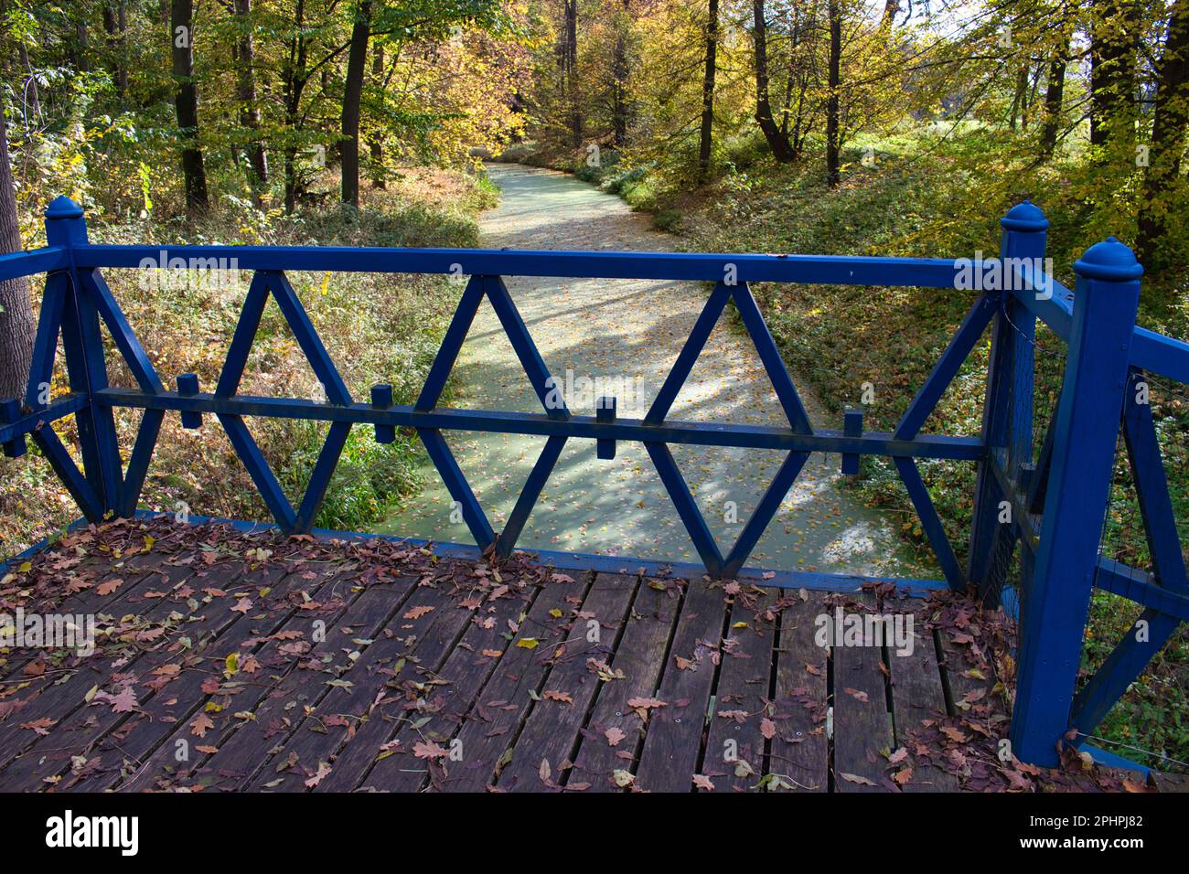 A little blue bridge over stream at Veltrusy park. Czech Republic Stock ...