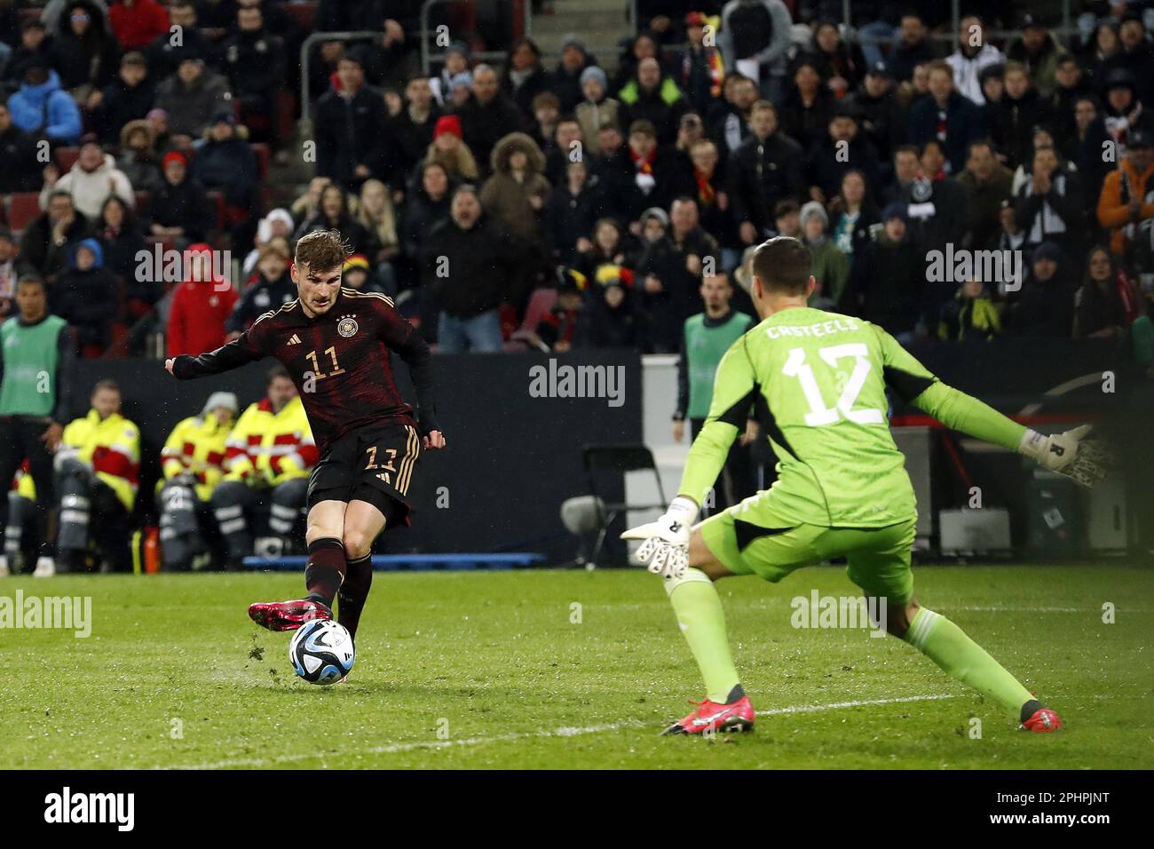 COLOGNE - (lr) Timo Werner of Germany, Belgium goalkeeper Koen Casteels ...
