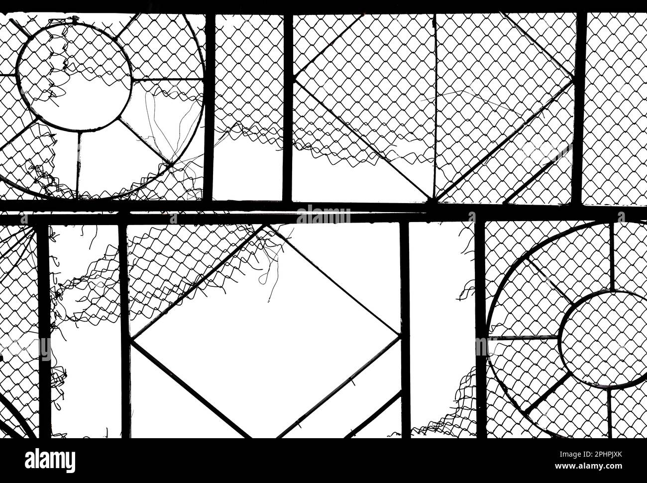 The texture of the metal mesh. Torn, destroyed, broken metal mesh on a ...
