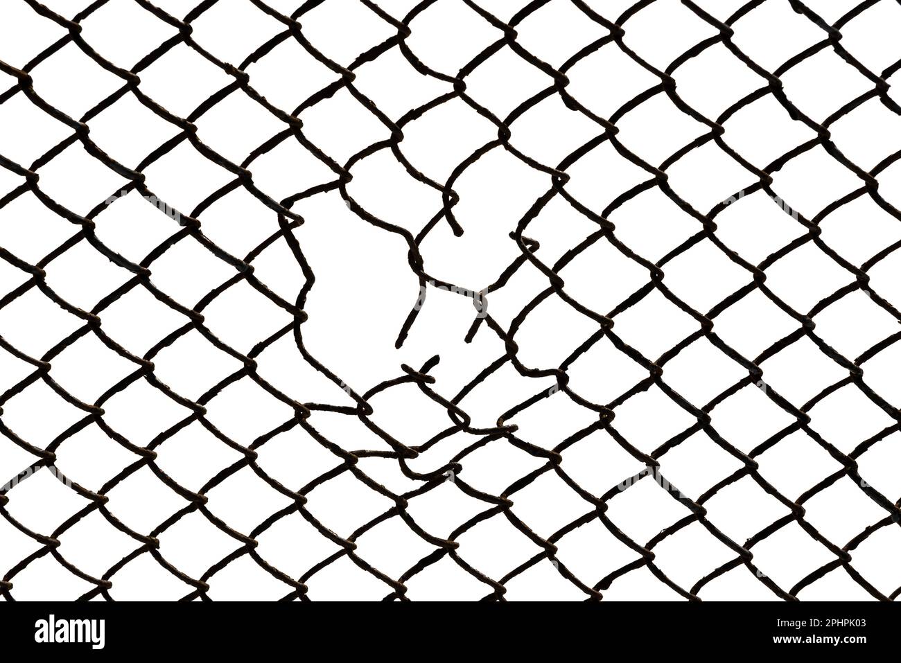 The texture of the metal mesh. Torn, destroyed, broken metal mesh on a ...