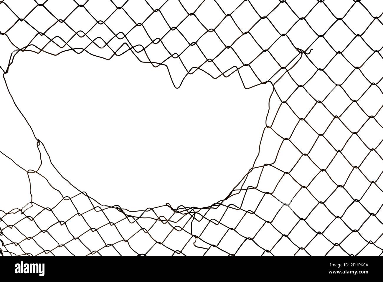 The texture of the metal mesh. Torn, destroyed, broken metal mesh on a ...