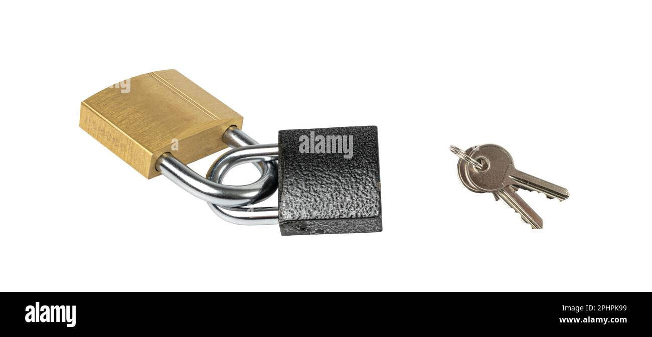 Two Closed Locks Isolated, Black Padlocks Locked Together on White ...