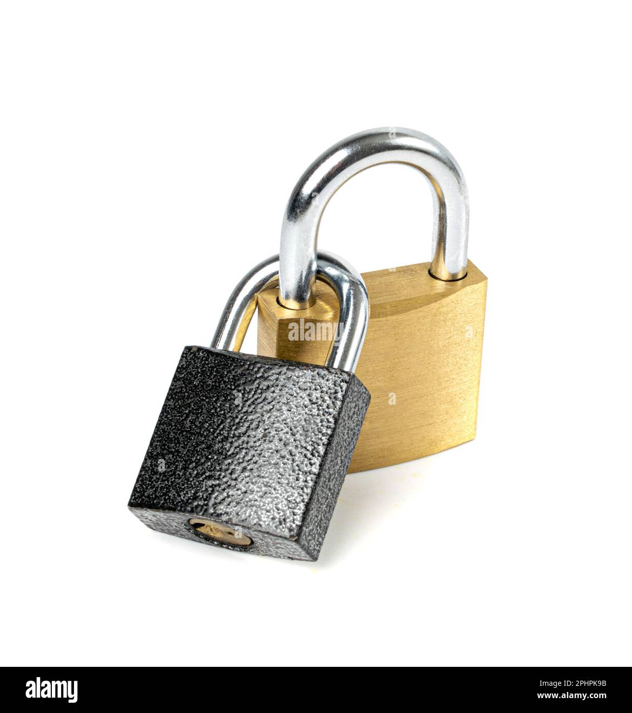 Two Closed Locks Isolated Golden And Black Padlocks Locked Together On White Background Stock
