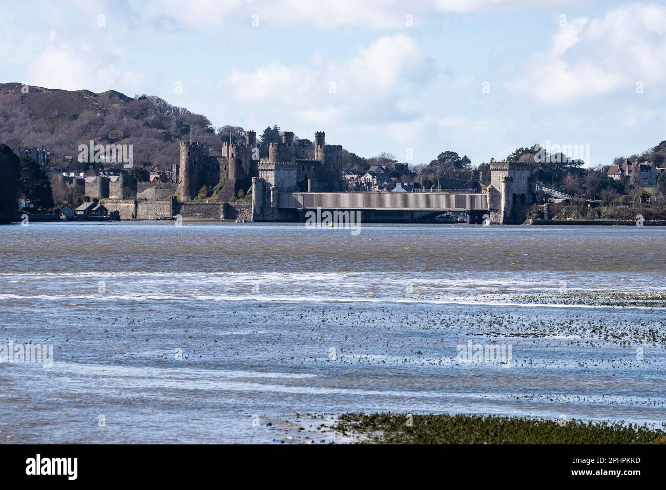 Conwy Castle and the famous road and rail bridges viewed from the South ...