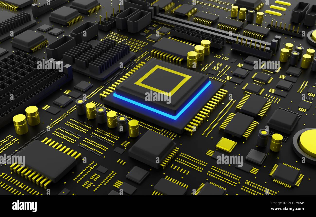 Gold and Black Computer MicroProcessor and Motherboard - 3D ...