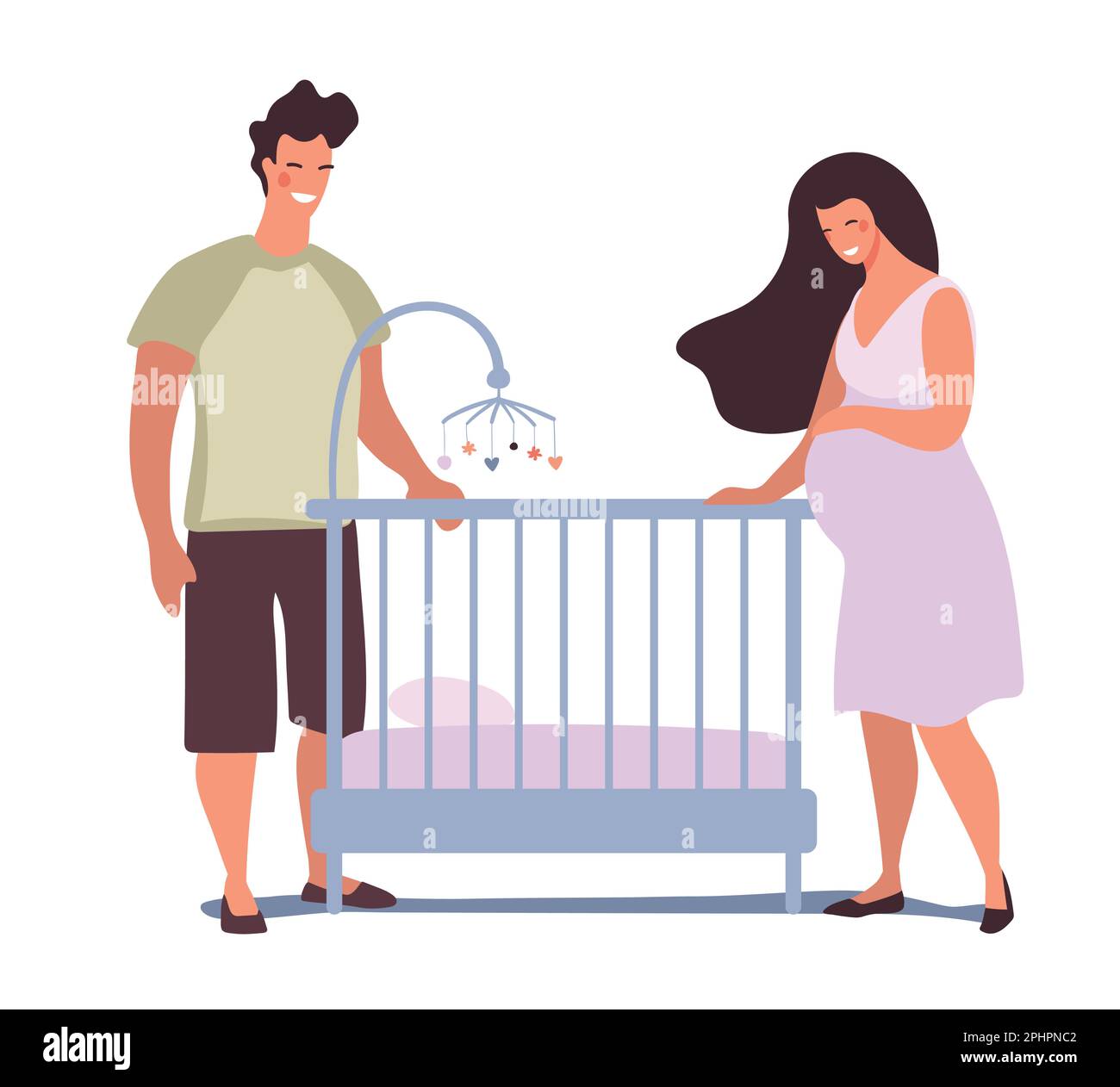 A man and a pregnant woman with a crib for a newborn, young parents are ...