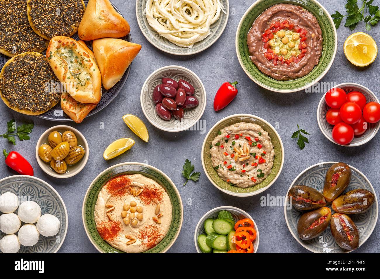 Middle eastern, arabic traditional breakfast with hummus, foul ...