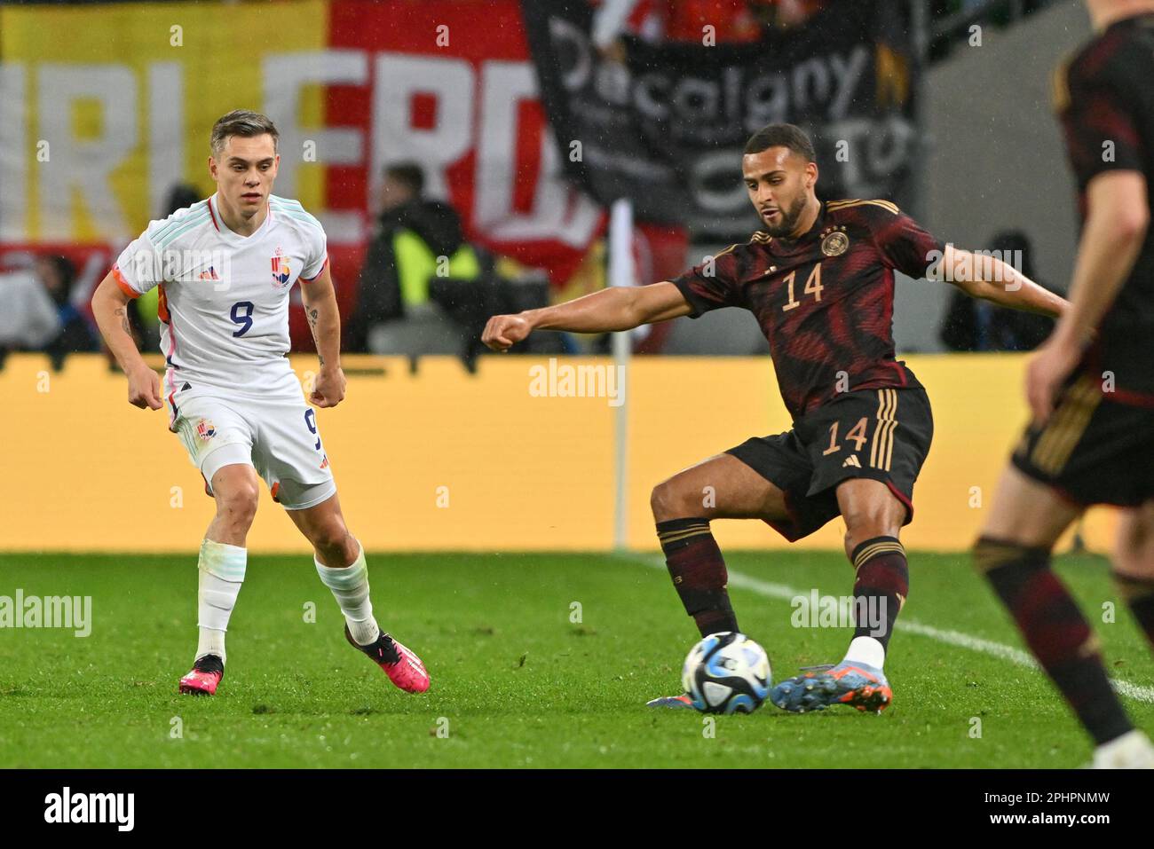Köln , Germany . 28 March 2023, Leandro Trossard (9) of Belgium ...