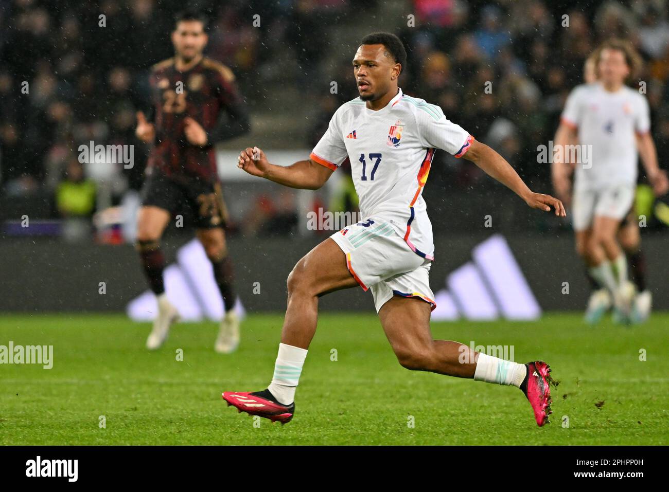 Köln , Germany . 28 March 2023, Lois Openda (17) of Belgium pictured ...