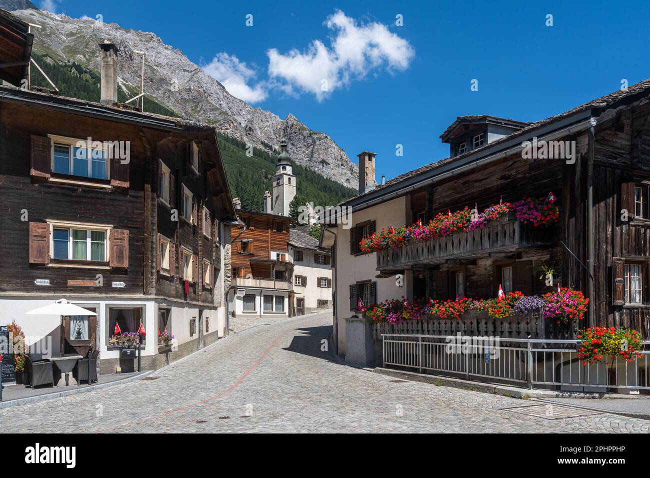 View of Splugen, a picturesque alpine village in Canton Grisons during ...
