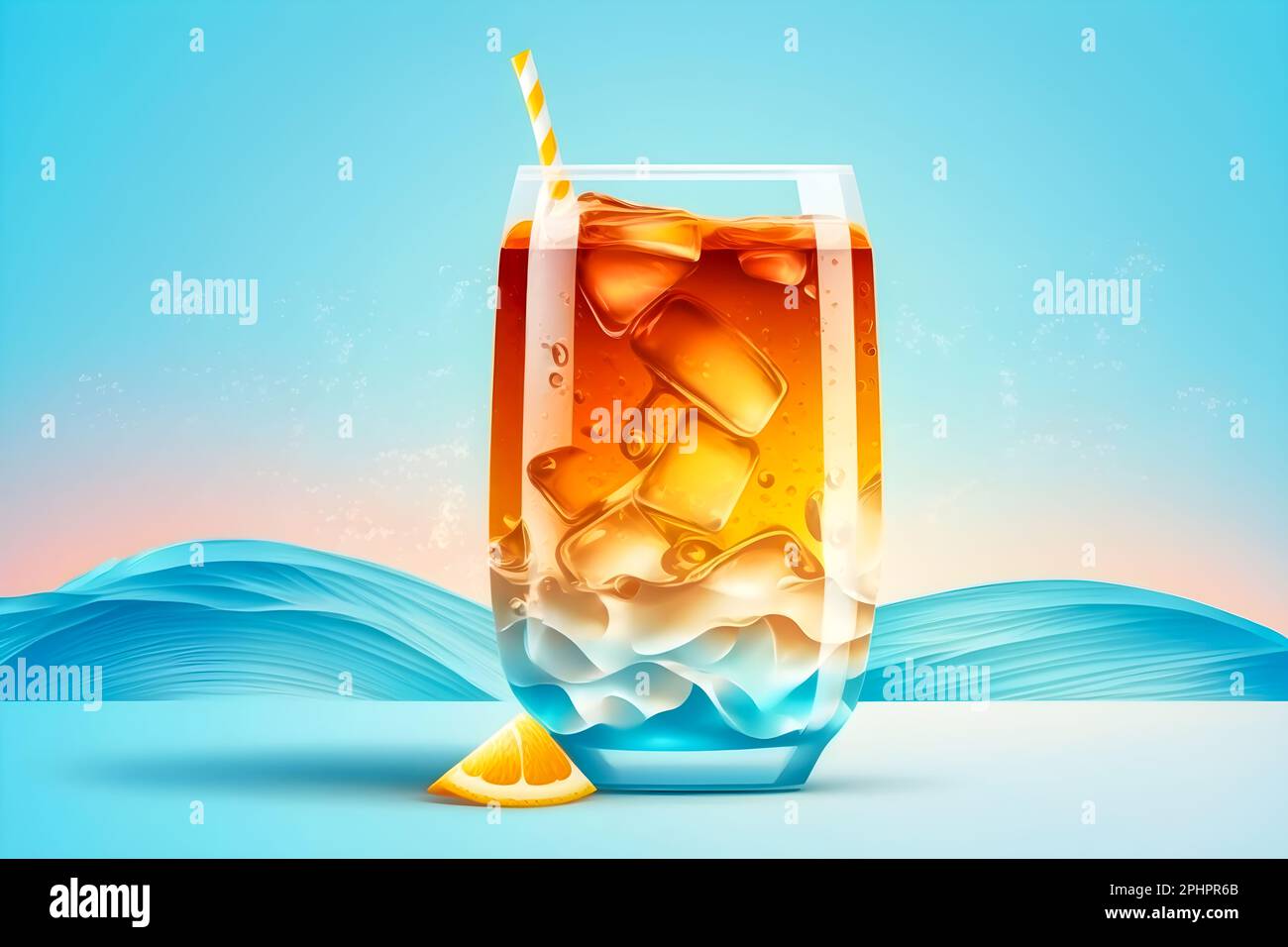 Glass of cold ice tea with ice cubes and straw on blue gradient ...