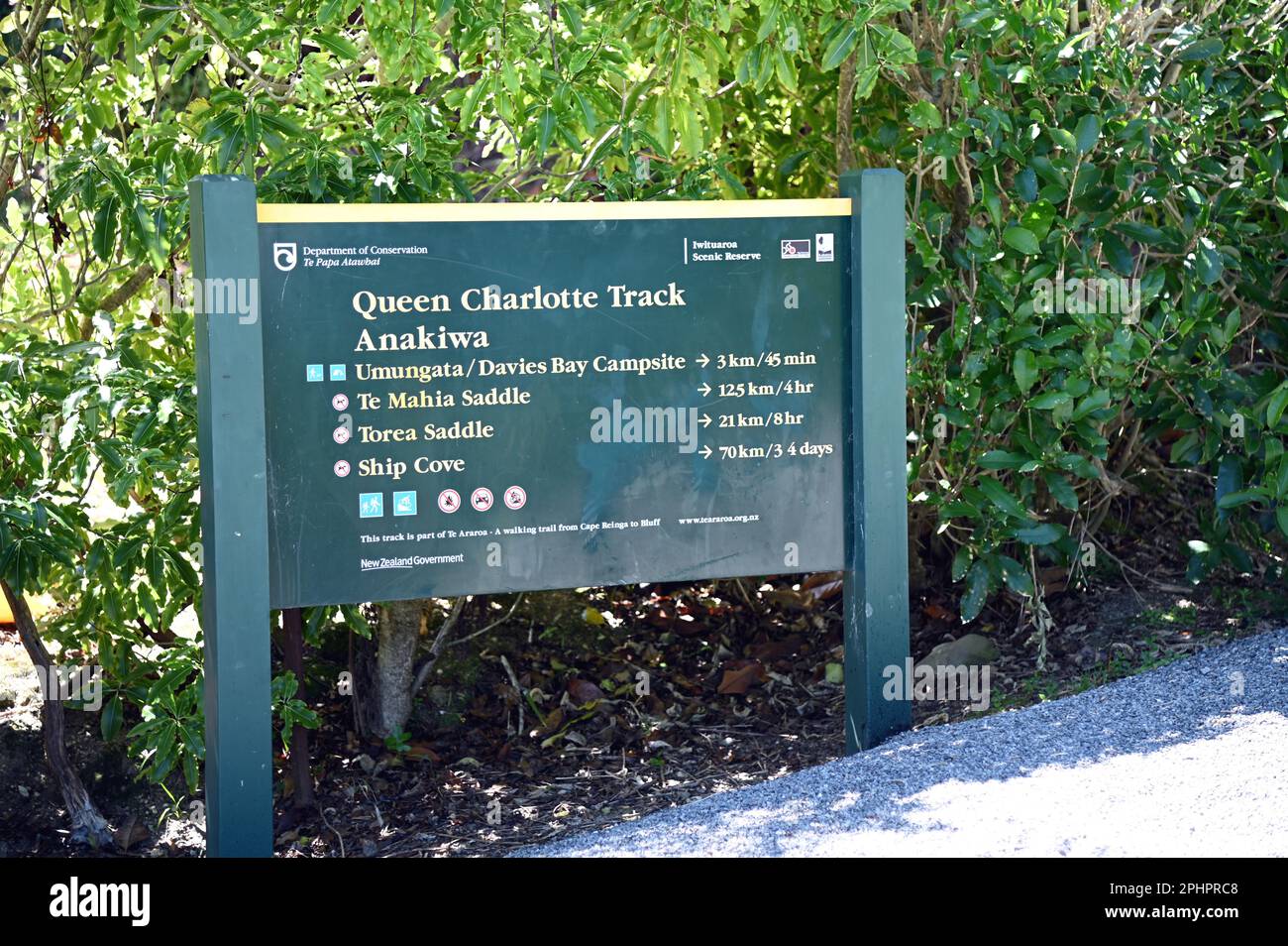 The Department of Conservation (DOC) sign at Anakiwa marking the start ...