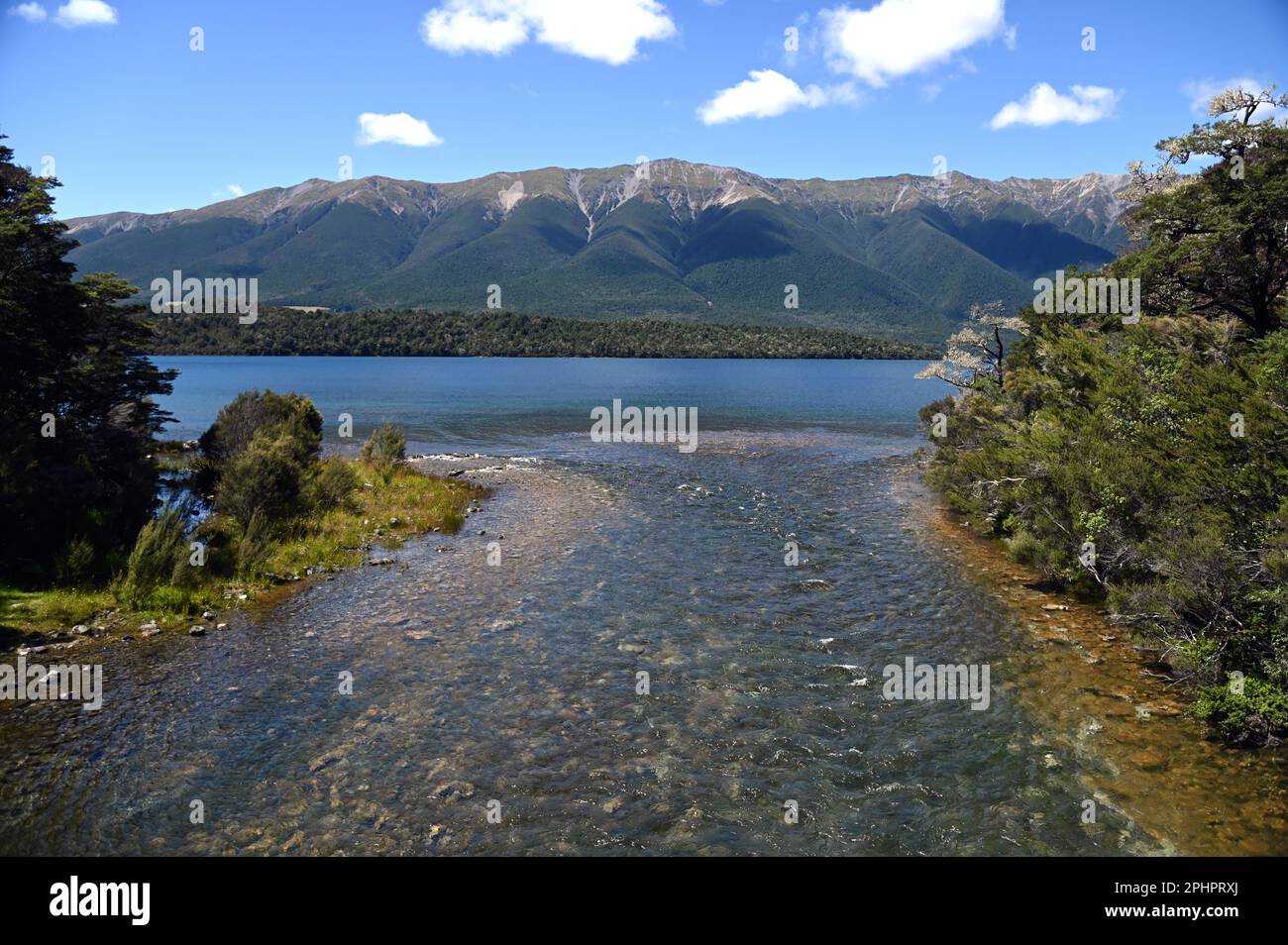 The Buller River leaving Lake Rotoiti, In the Nelson Lakes where it has ...