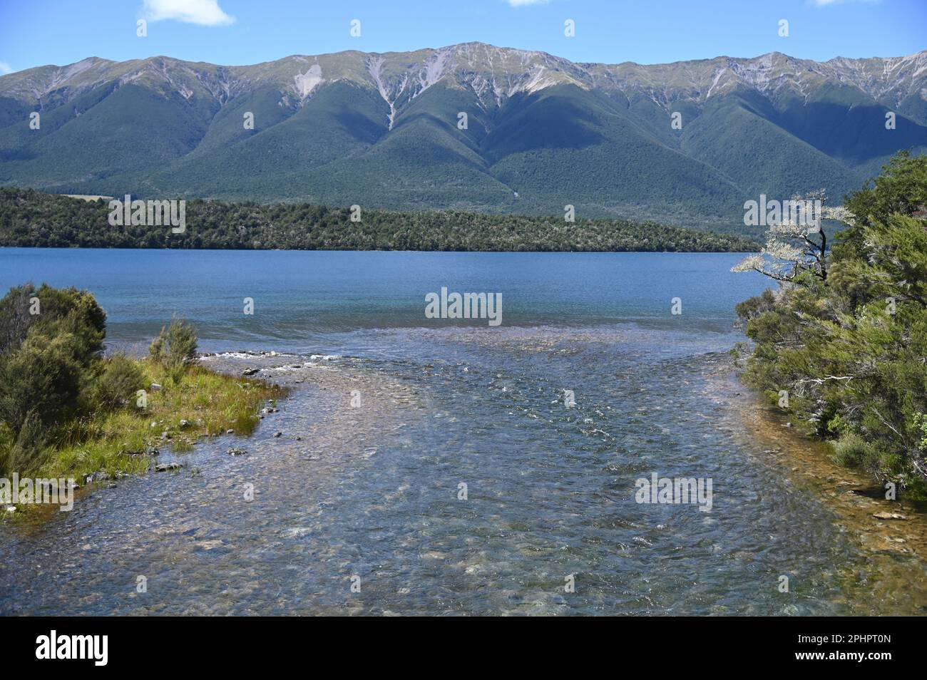 The Buller River leaving Lake Rotoiti, In the Nelson Lakes where it has ...