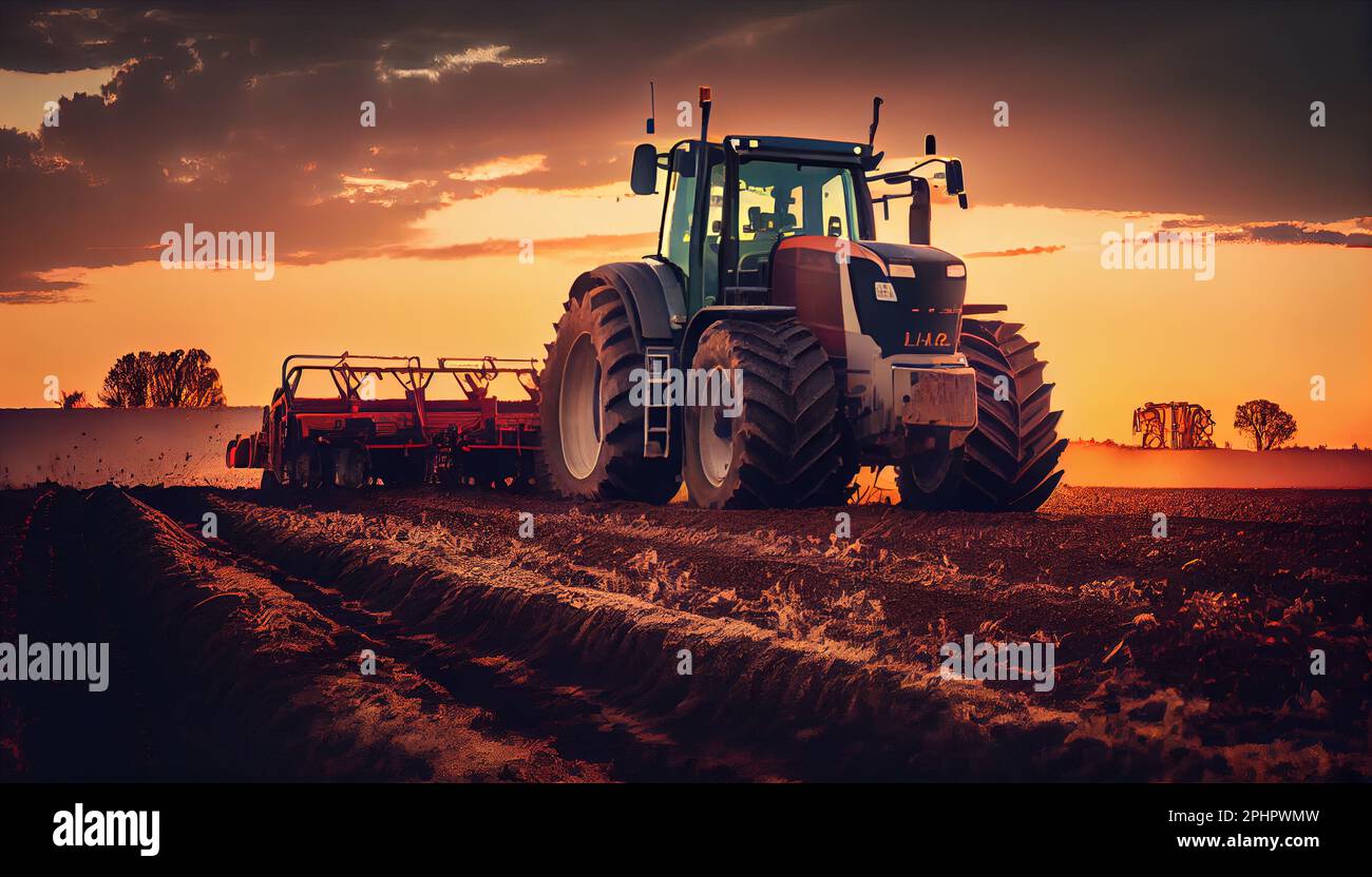 modern tractor at sunset or sunrise Stock Photo - Alamy