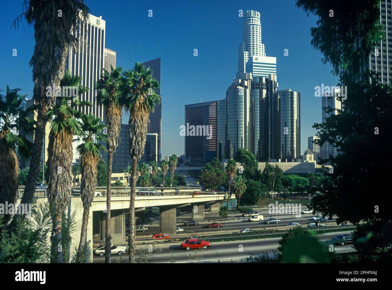 1990 HISTORICAL DOWNTOWN SKYLINE INTERSTATE 110 HARBOR FREEWAY LOS ...