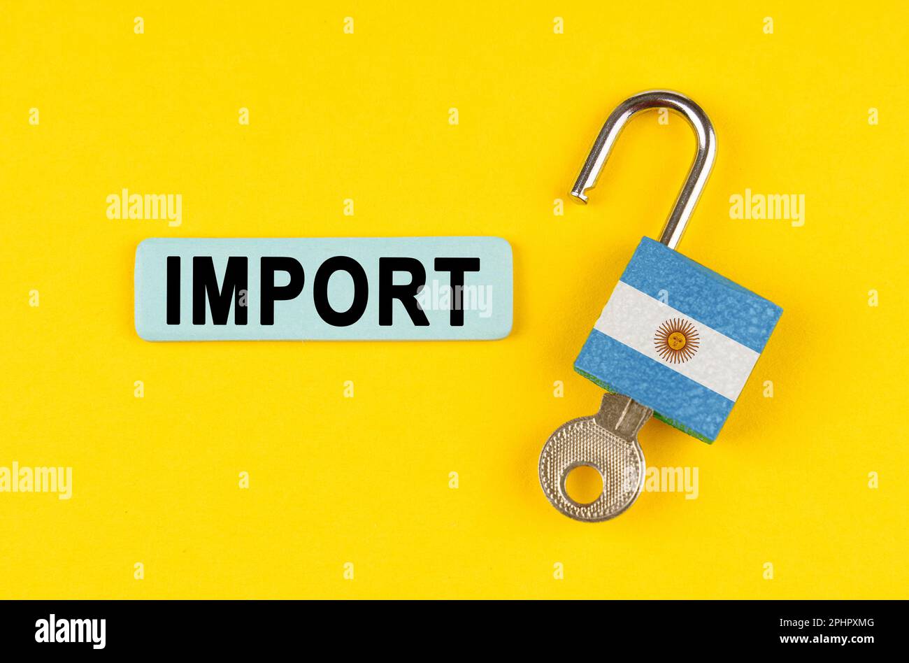 On a yellow surface, an open lock with the image of the flag of ...