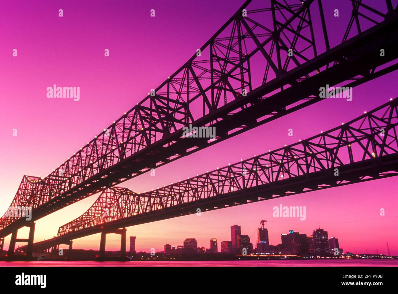 DOWNTOWN SKYLINE CRESCENT CITY BRIDGES MISSISSIPPI RIVER NEW ORLEANS ...