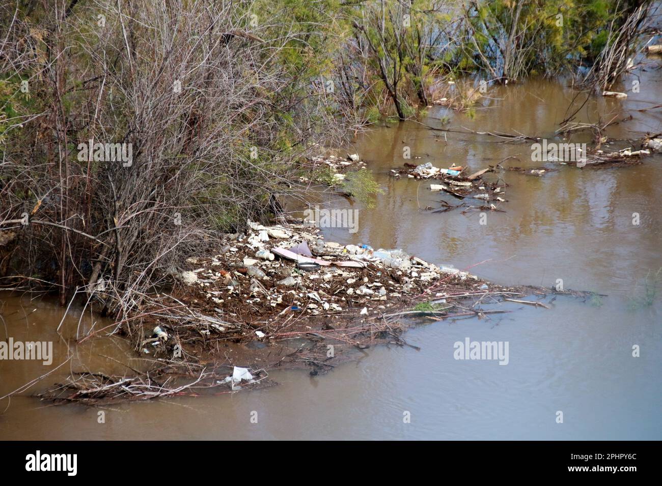 Garbage strewn along banks of the Salt River in Mesa, Arizona Stock ...