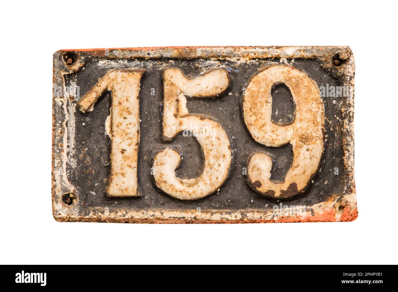 Old retro weathered cast iron plate with number 159 closeup isolated on ...