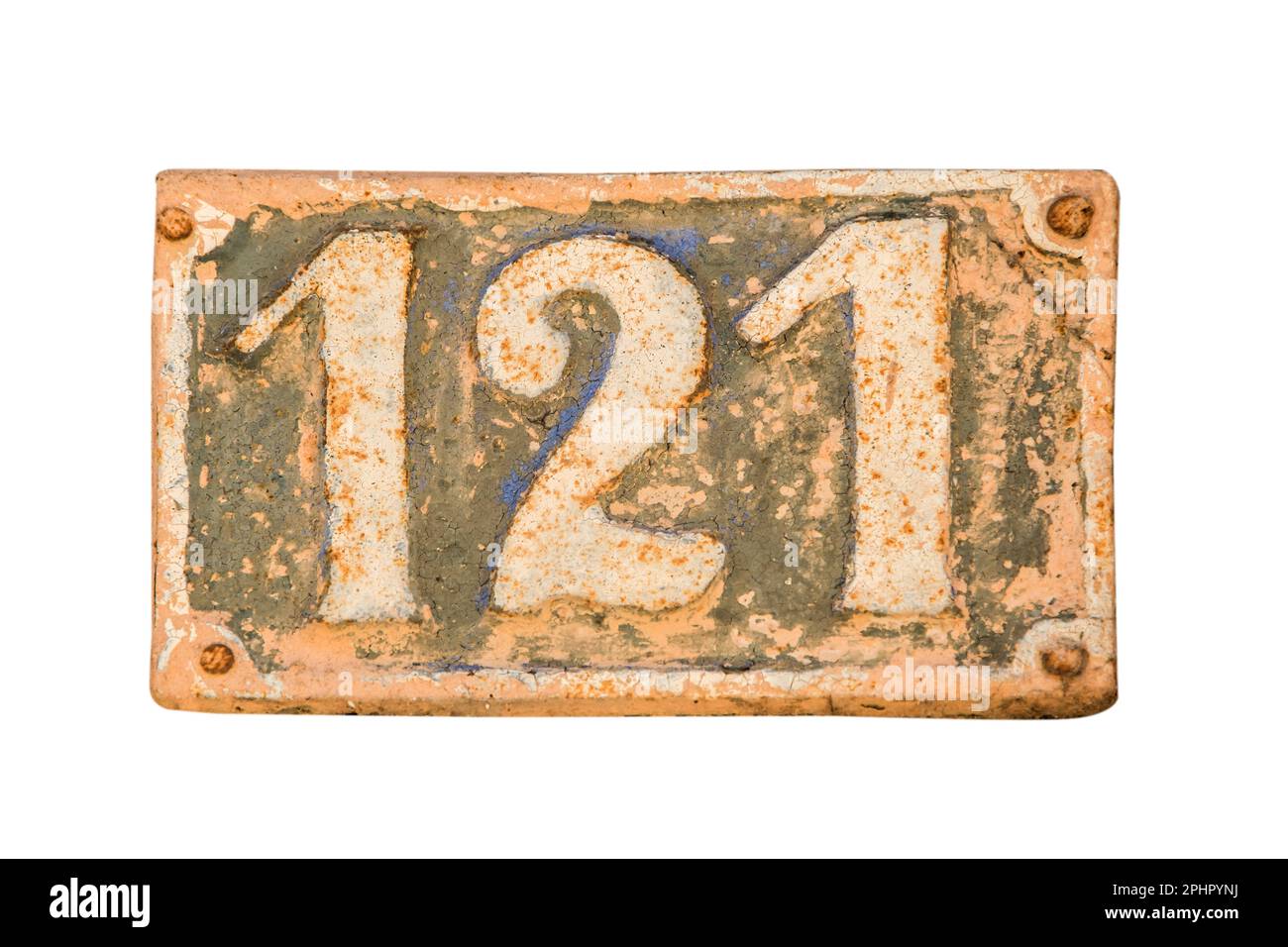 Old retro weathered cast iron plate with number 121 closeup isolated on ...