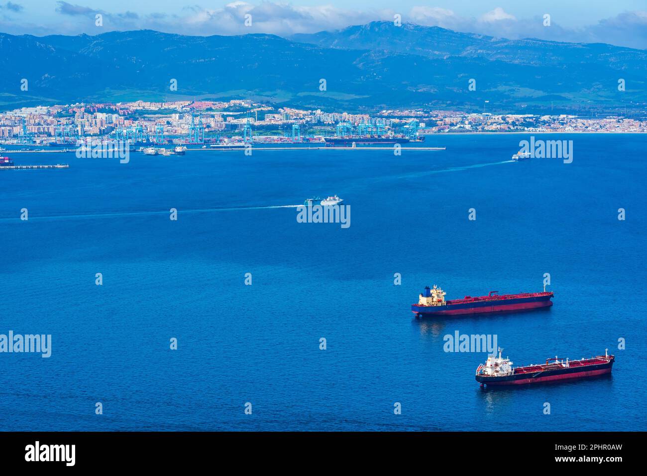 View of Spain across Bay of Gibraltar from the Upper Rock. UK Stock ...