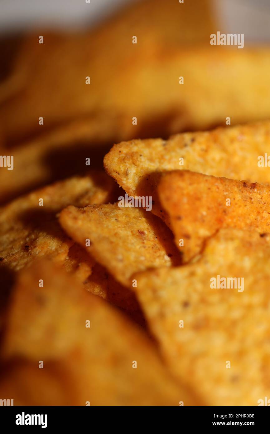 Homemade tortilla spicy chips made with flat bread and baked in oven ...