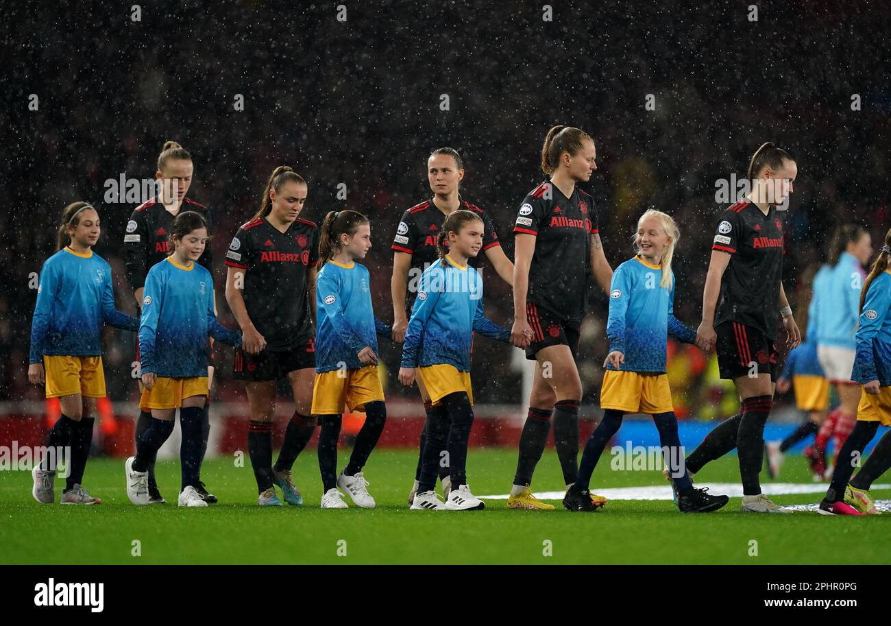 Bayern Munich's Georgia Stanway (second left) and team-mates walk out ...