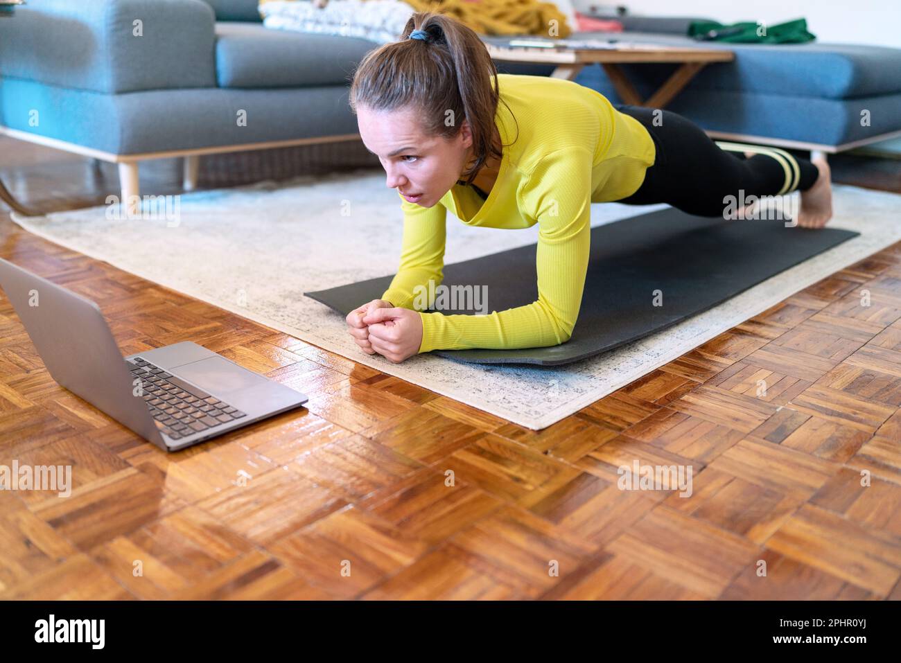 Female endurance and motivation, woman doing plank exercise at home ...