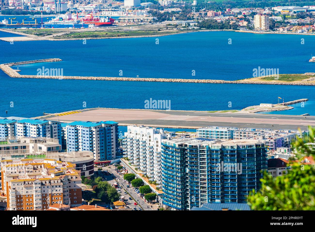 View of the Gibraltar town, airport runaway and Spanish town La Linea ...