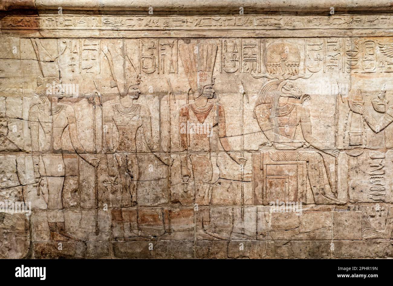 Close up of a large wall carved with ancient Egyptian hieroglyphics on ...