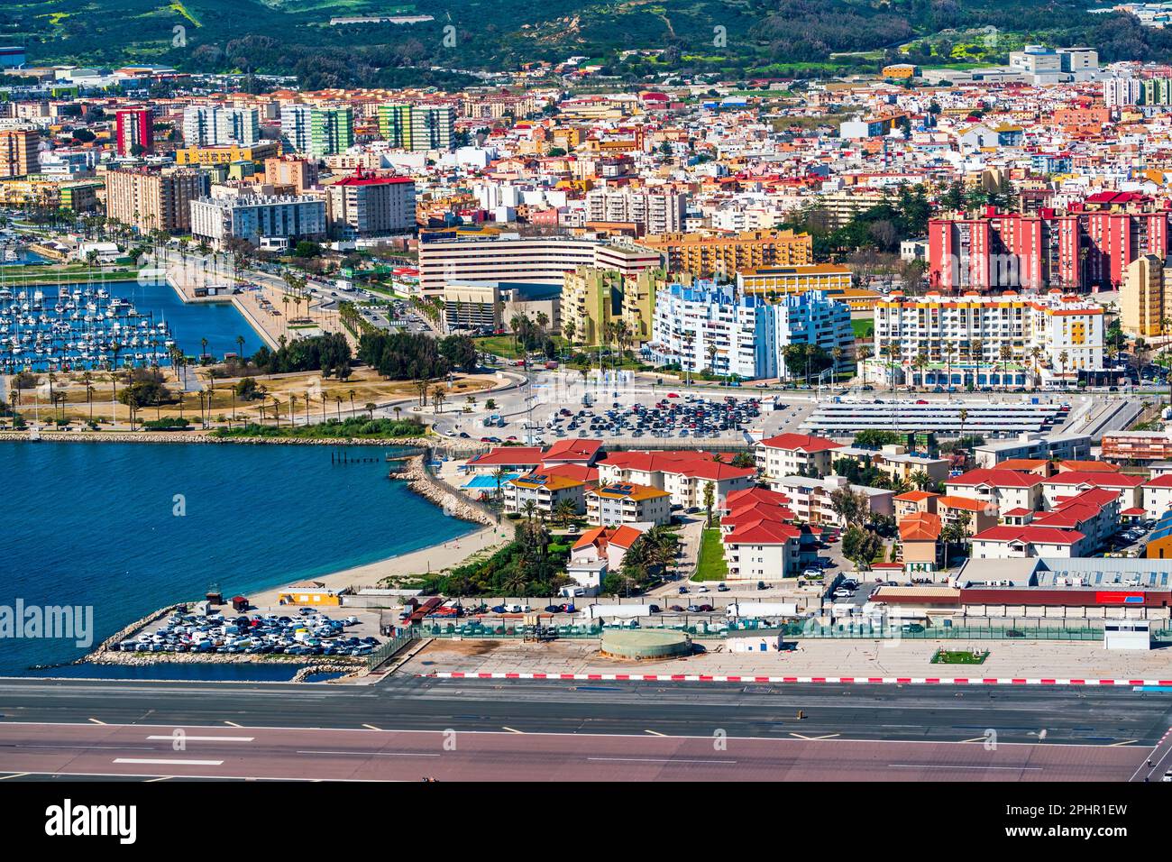 View of the Gibraltar airport runaway and Spanish town La Linea de ...