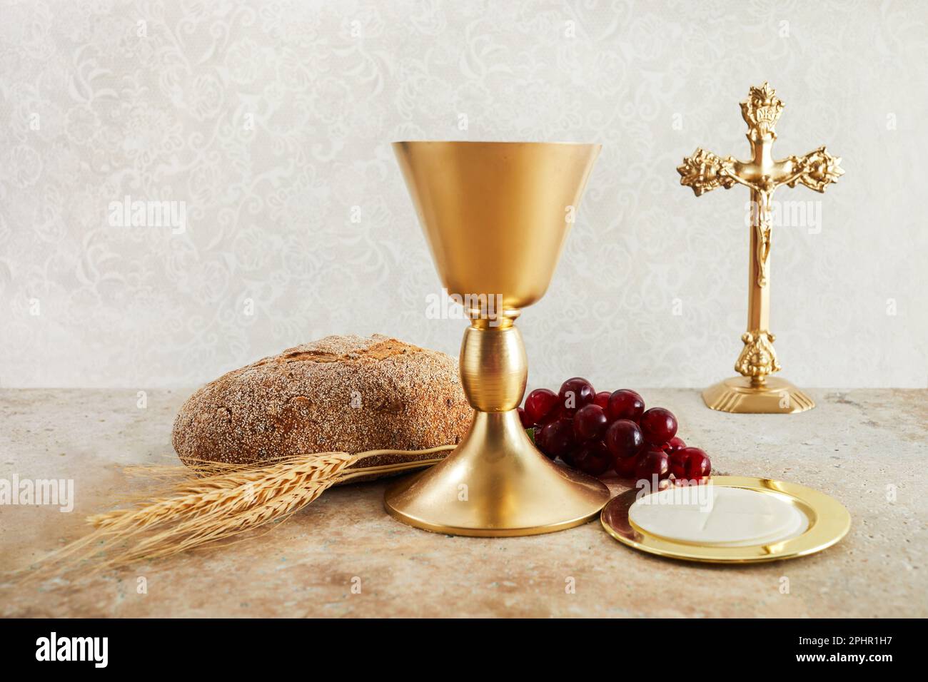 Easter Communion Still life with chalice of wine and bread Stock Photo ...