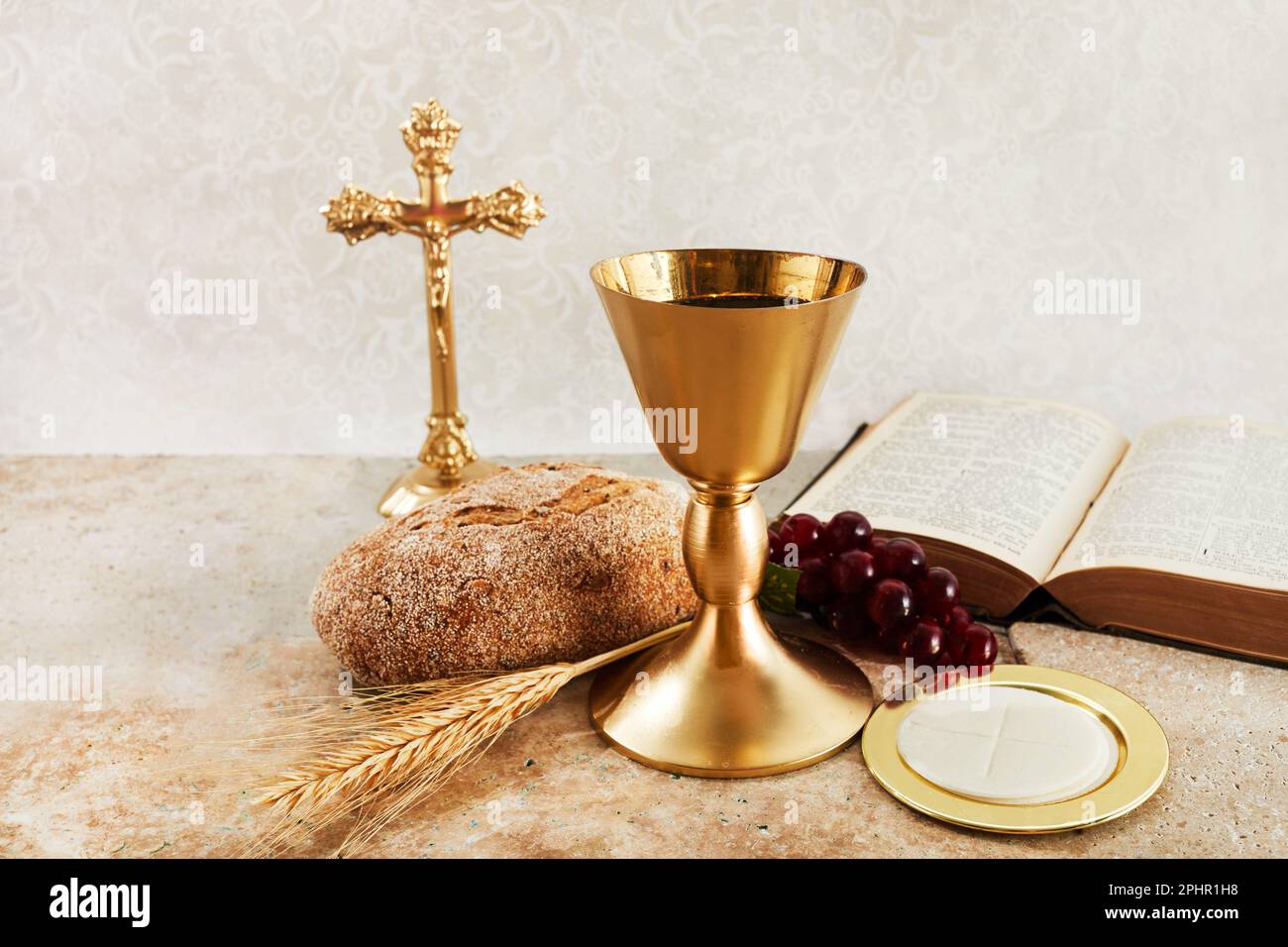Easter Communion Still life with chalice of wine and bread Stock Photo ...