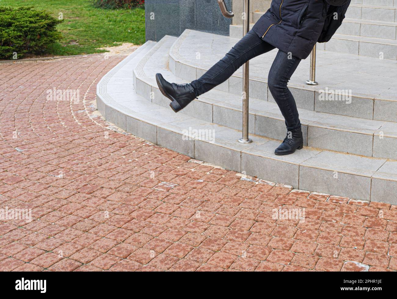 Falling Woman on Slippery Stairs, Icy Steps Fell, Unsafe Wet Steps ...