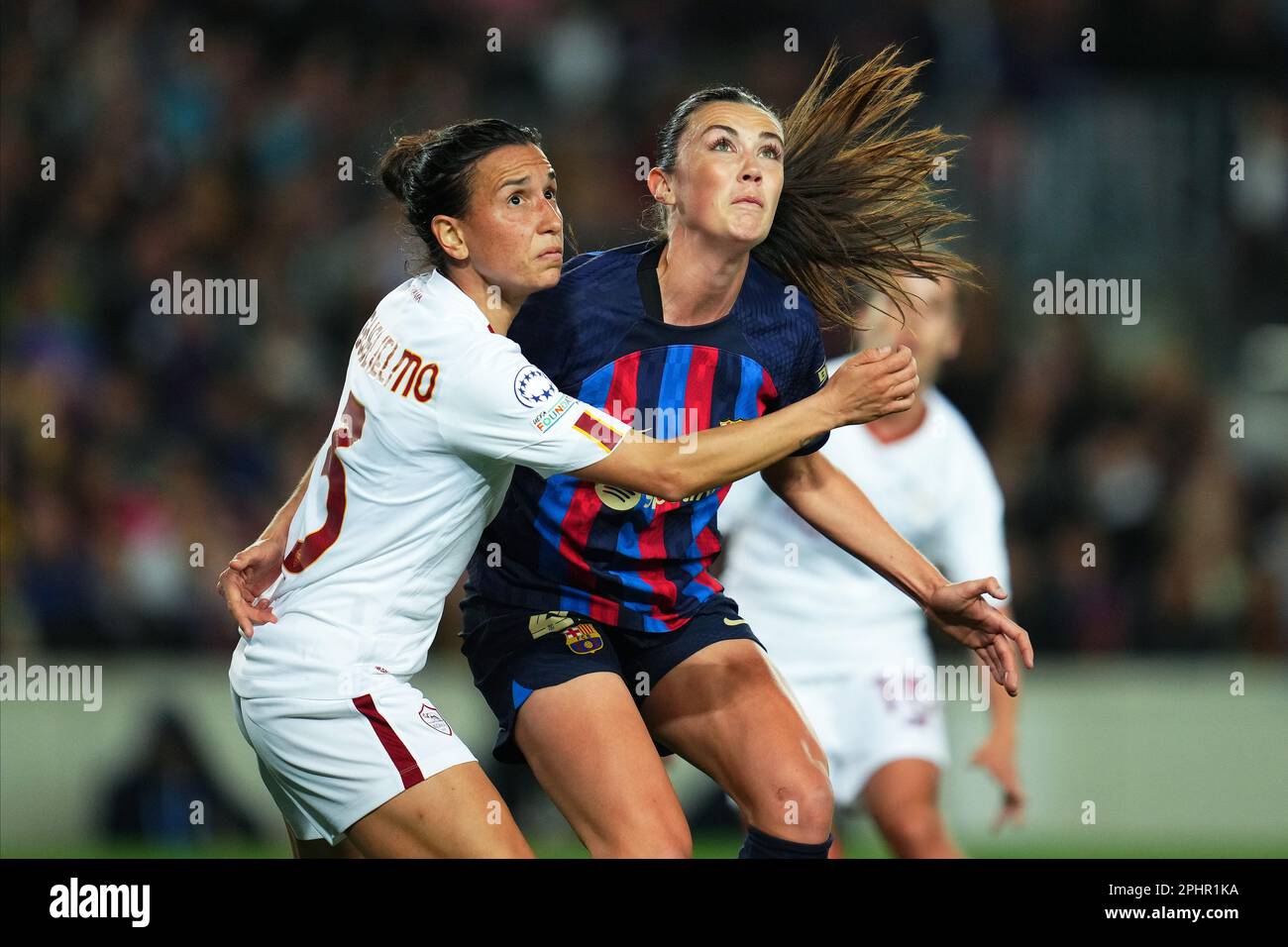 Ingrid Engen of FC Barcelona and Lucia Di Guglielmo of AS Roma during ...