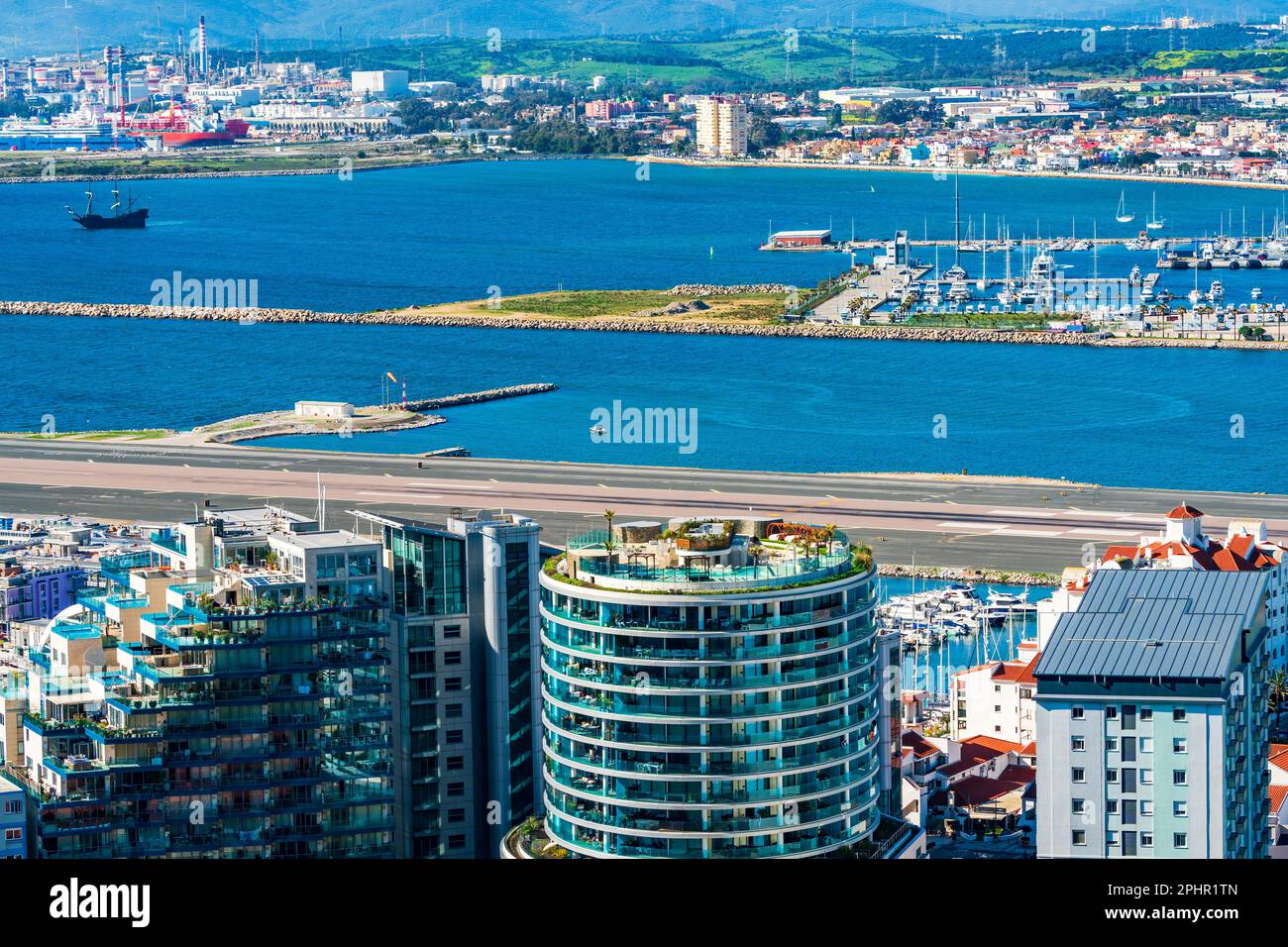 View of the Gibraltar airport runaway and Spanish town La Linea de ...