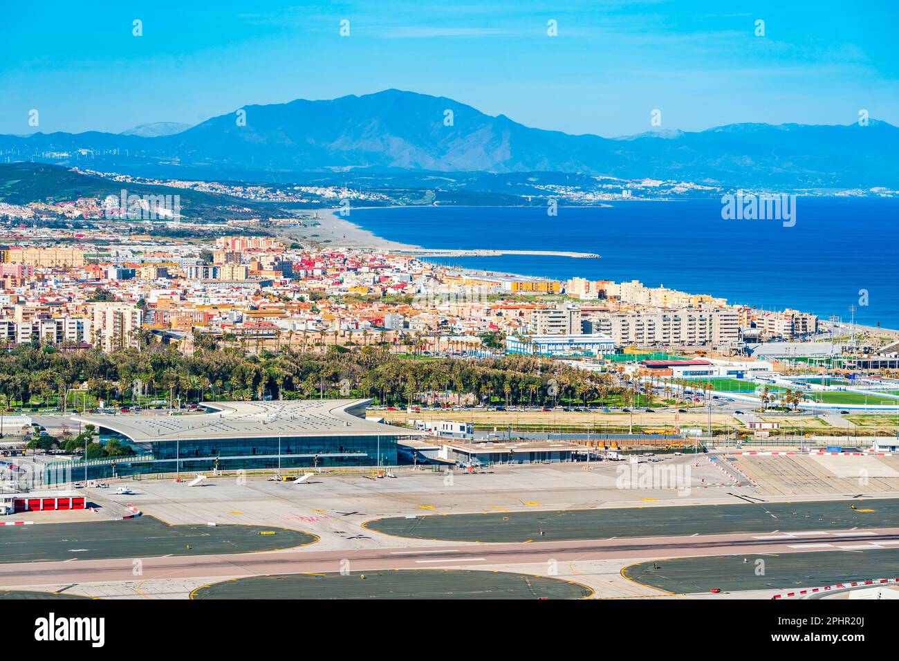 View of Gibraltar airport and Spanish town La Linea de Conception from ...