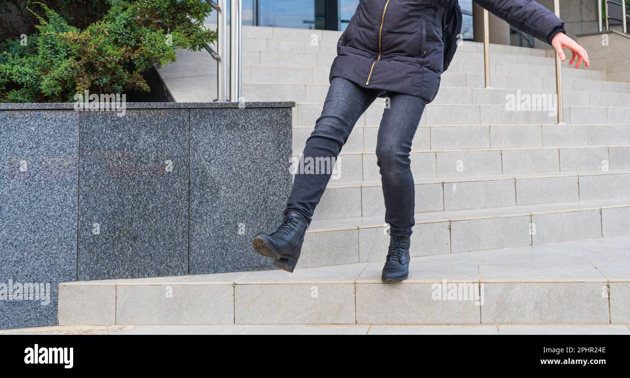 Falling Woman on Slippery Stairs, Icy Steps Fell, Unsafe Wet Steps ...