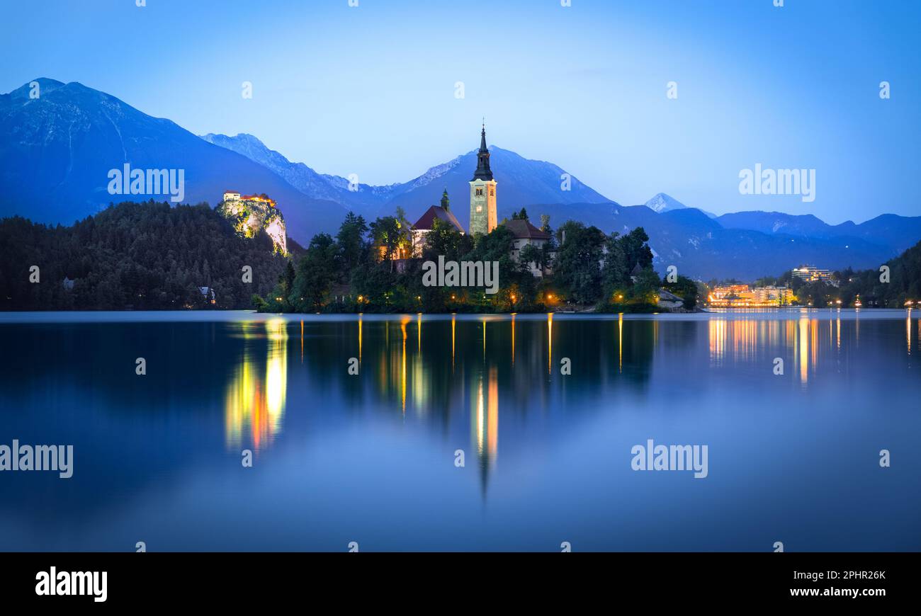 Bled Island and Bled Castle at blue hour, Bled, Slovenia Stock Photo ...
