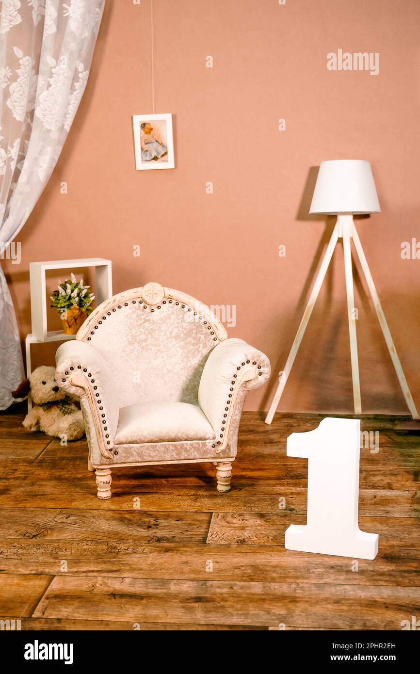 Little children's room interior in photo studio. Hall with tiny cute ...